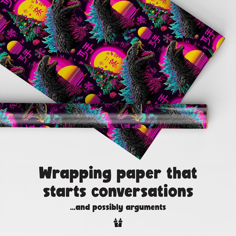 Kaiju Christmas Wrapping Paper - Vaporwave Godzilla Neon Monster ...