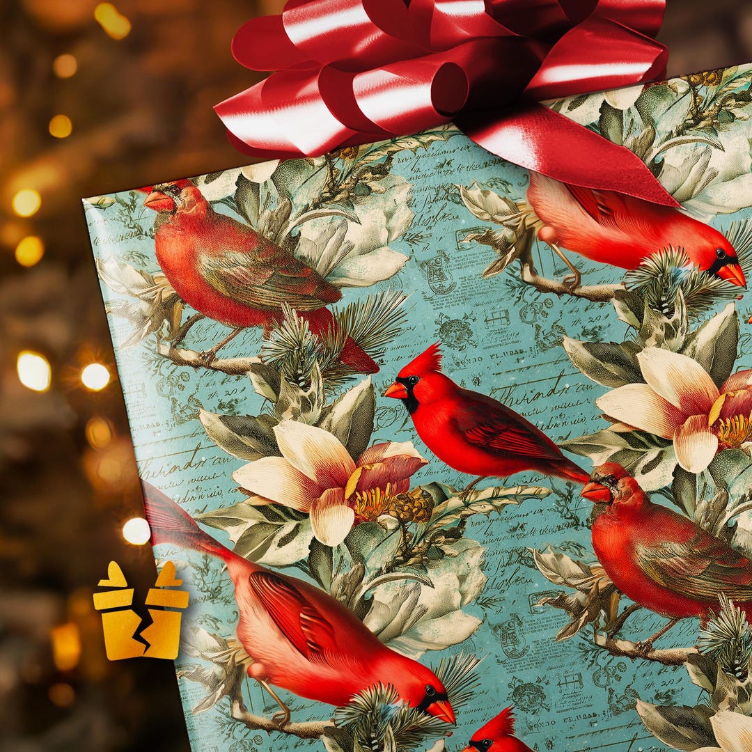 Cardinal Christmas Wrapping Paper - Vintage Bird Holiday Gift Wrap for ...