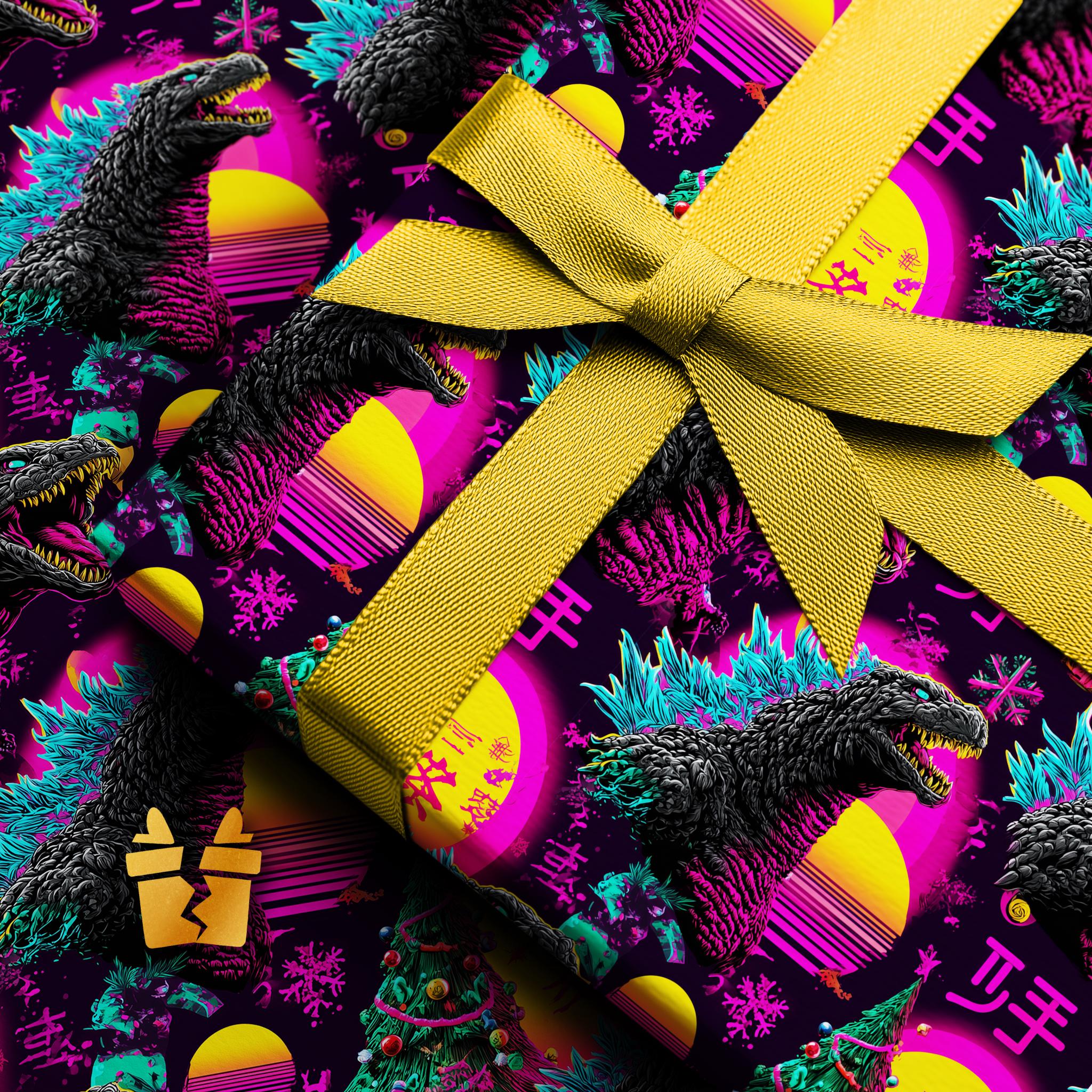 Kaiju Christmas Wrapping Paper - Vaporwave Godzilla Neon Monster ...