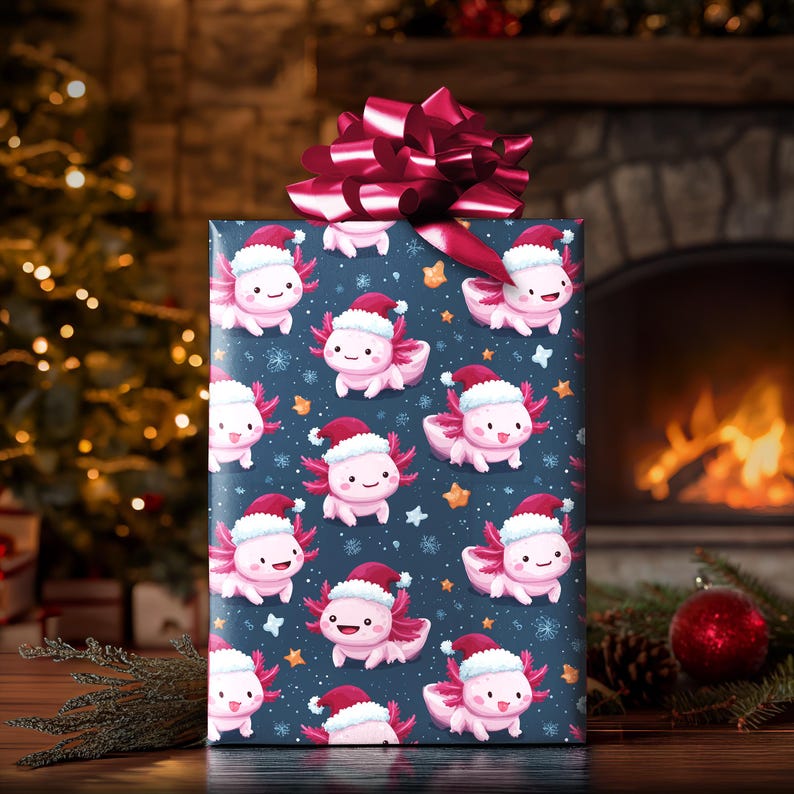 Santa Axolotl Wrapping Paper - Cute Kawaii Christmas Gift Wrap With ...