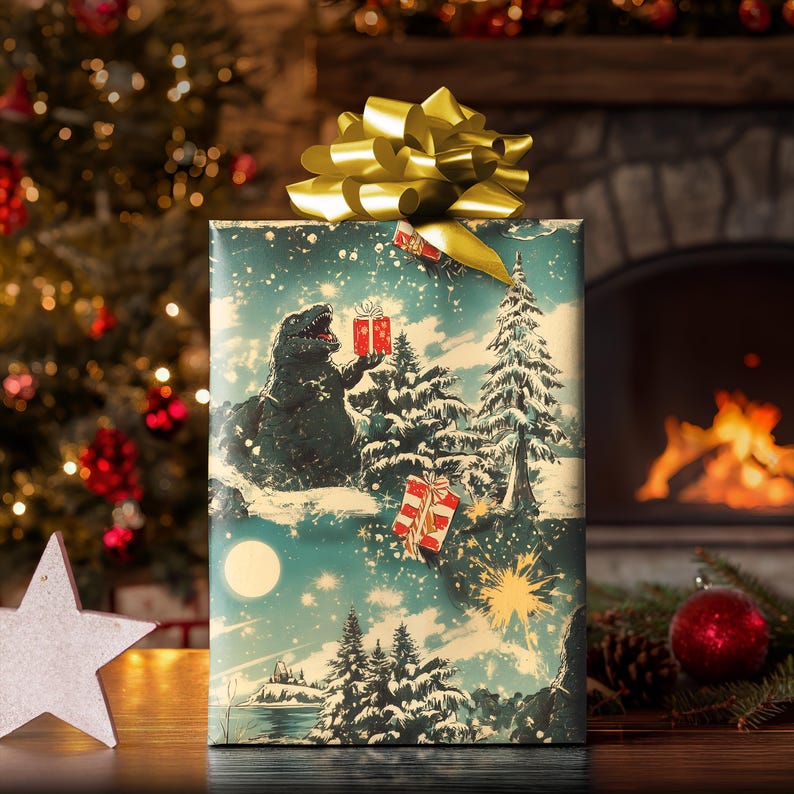 Godzilla Greetings Christmas Wrapping Paper - Funny Luxury Pattern ...