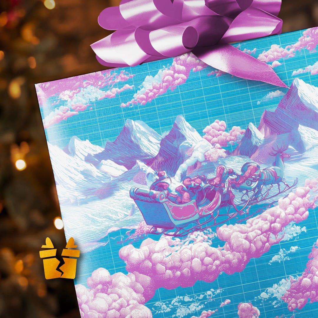 Vaporwave Christmas Wrapping Paper - Retro Santa Sleigh Gift Wrap With ...