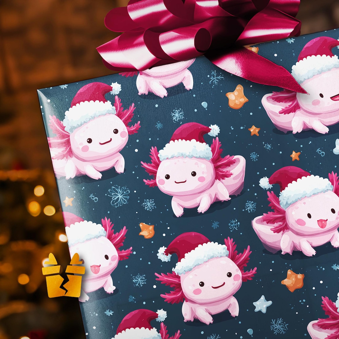 Santa Axolotl Wrapping Paper - Cute Kawaii Christmas Gift Wrap With ...
