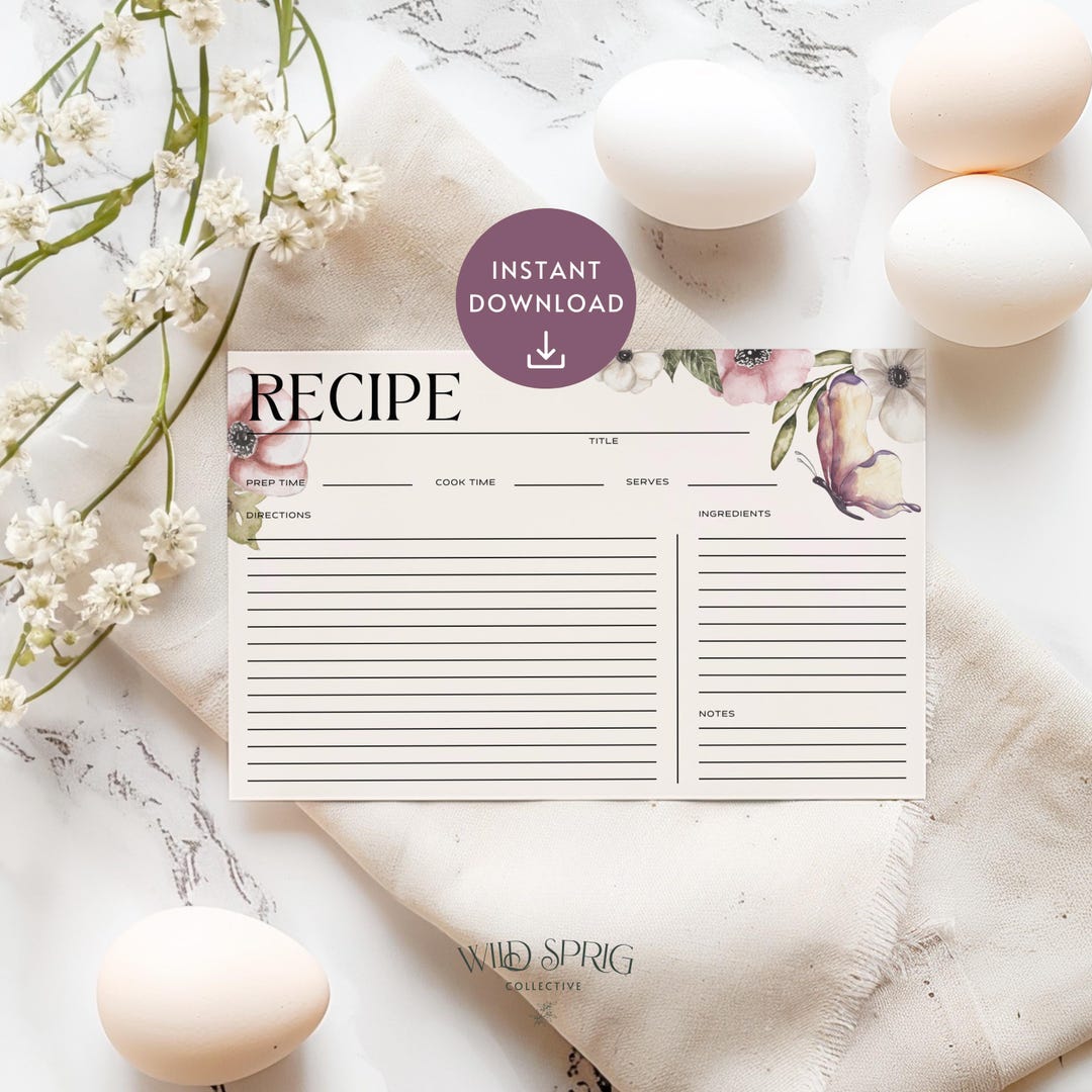 Elegant Watercolor Floral Recipe Cards - Printable PDF for Stylish ...