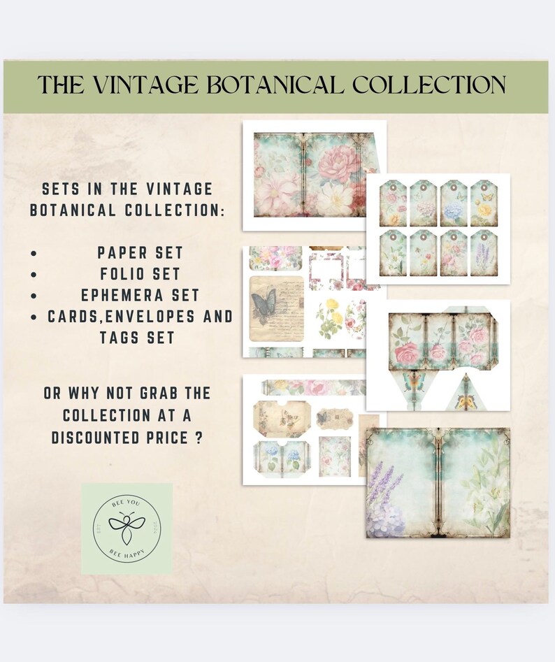 Vintage Botancial Shabby Chic Junk Journal Folio Kit, Vintage Ephemera, Scrapbook Pages ...