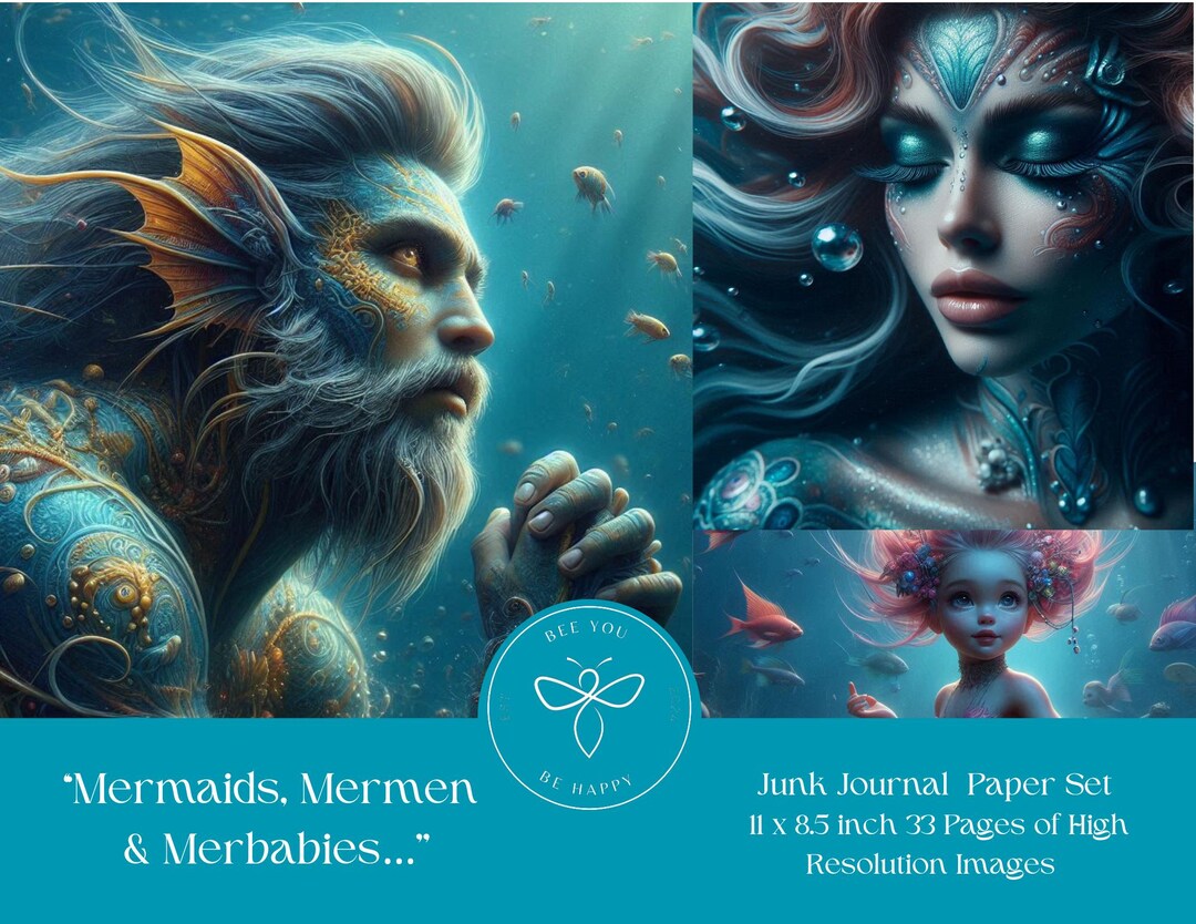 Mermaid, Mermen & Merbabies Junk Journal Paper Kit, Art Paper ...