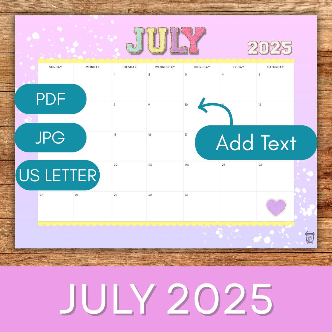 Editable July 2025 Calendar | Summer Printable Calendar | Preppy Wall ...