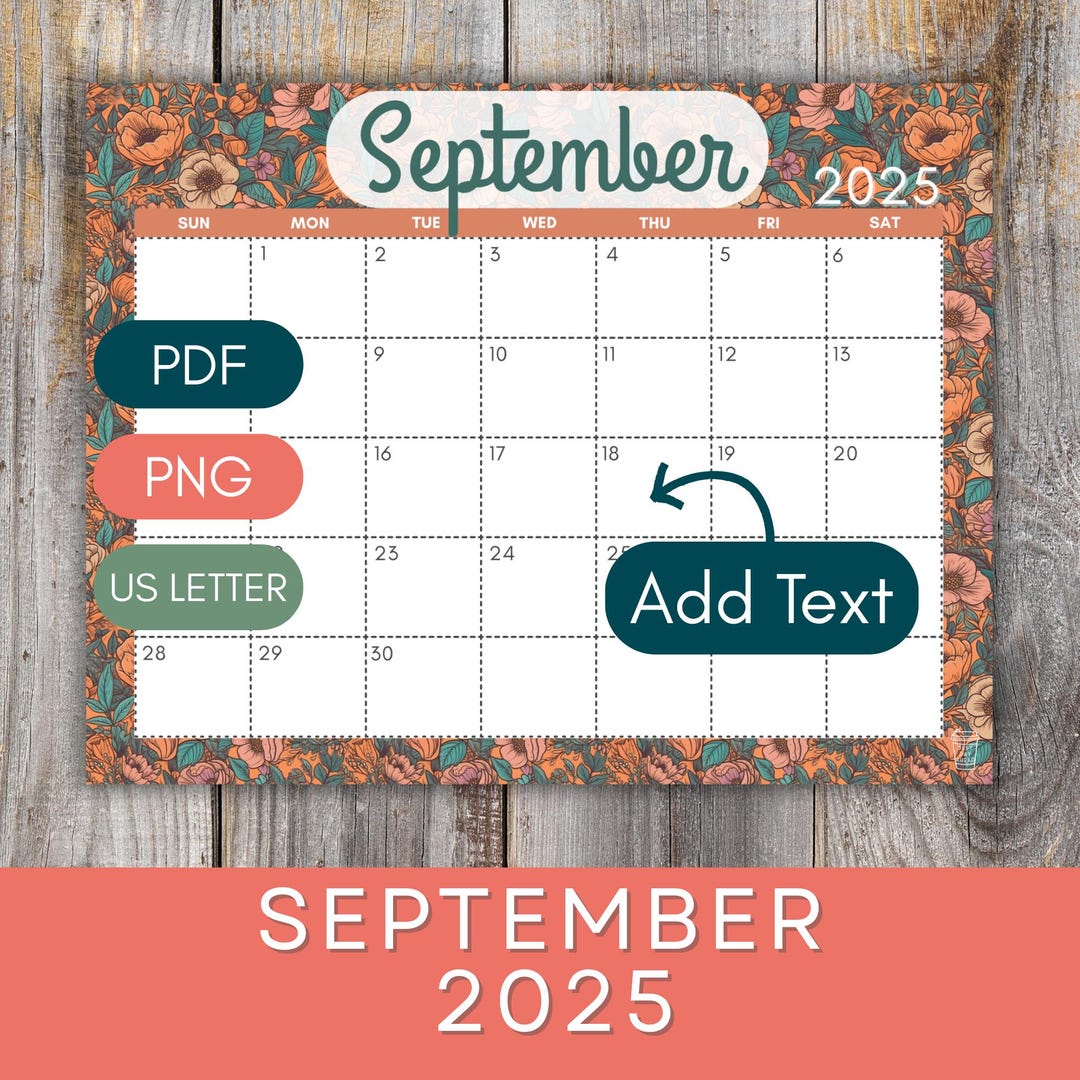 Editable September 2025 Calendar: Vintage Floral Printable (11x8.5 US ...