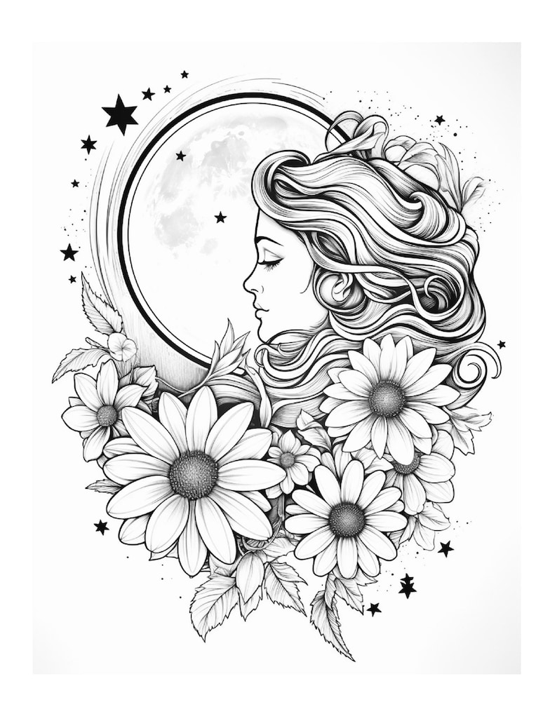 Moon Goddess Coloring Pages: Intricate Celestial Illustrations 10 Pages ...