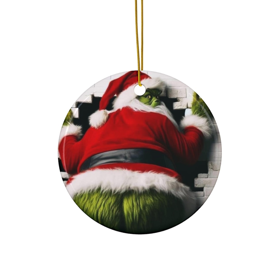 Whimsical Santa Grinch Ceramic Circle or Snowflake Ornament, Christmas ...