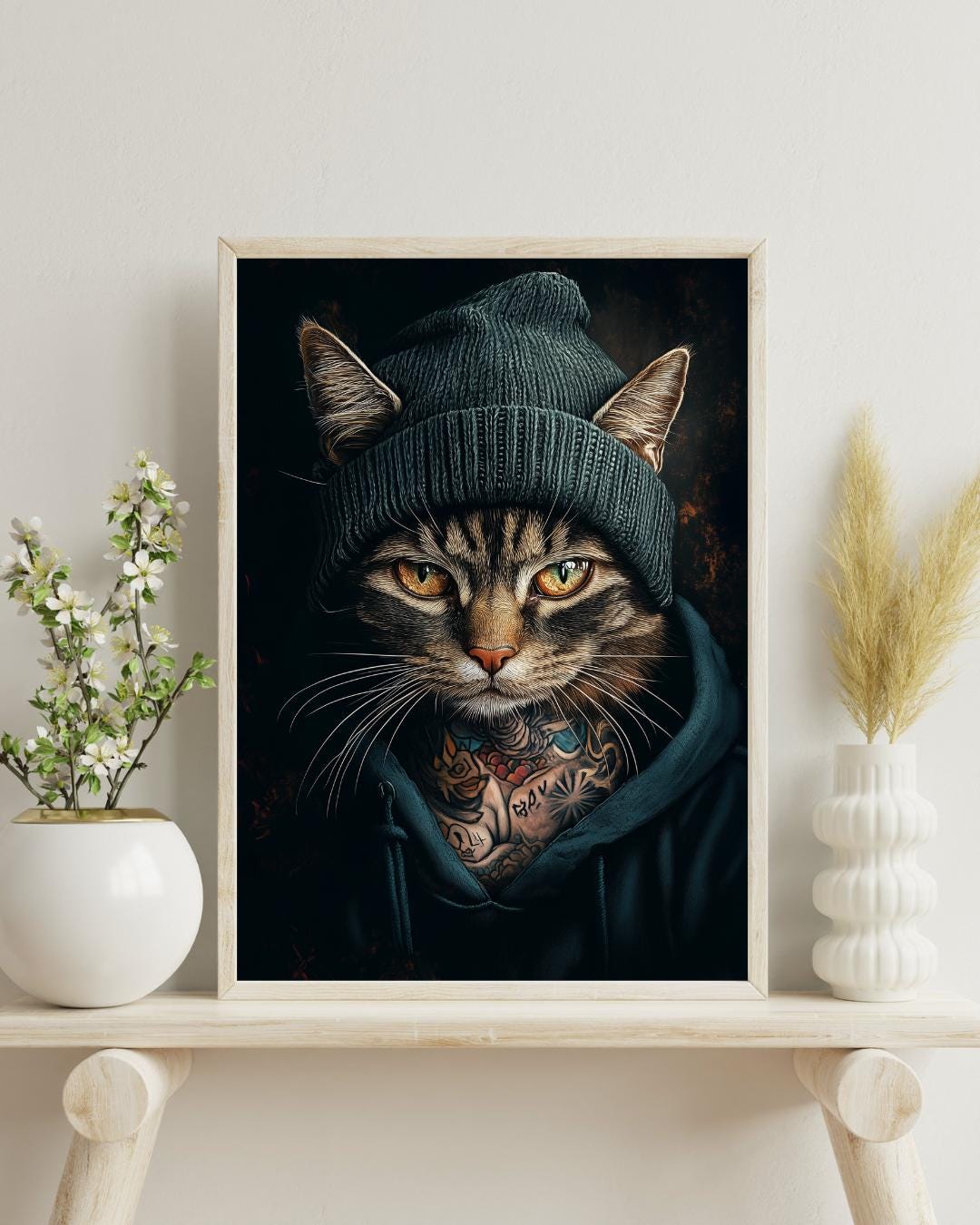 Cat in Benie Print, Tattooed Cat Print, Animal Wall Art , Modern Wall ...