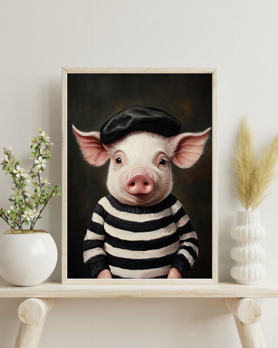 Pig in Beret, Pig Poster, Funny Wall Art, Vintage Painting, Pig ...
