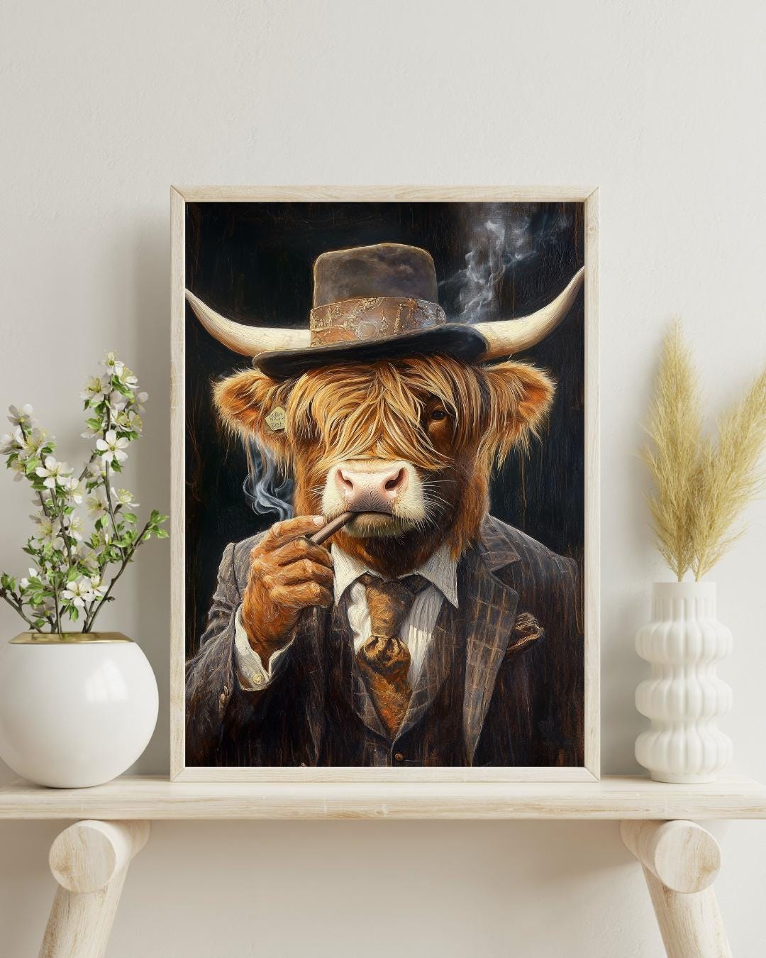 Highland Cow in Suit Poster, Cow Smoking , Cow Poster, Vintage Cow ...