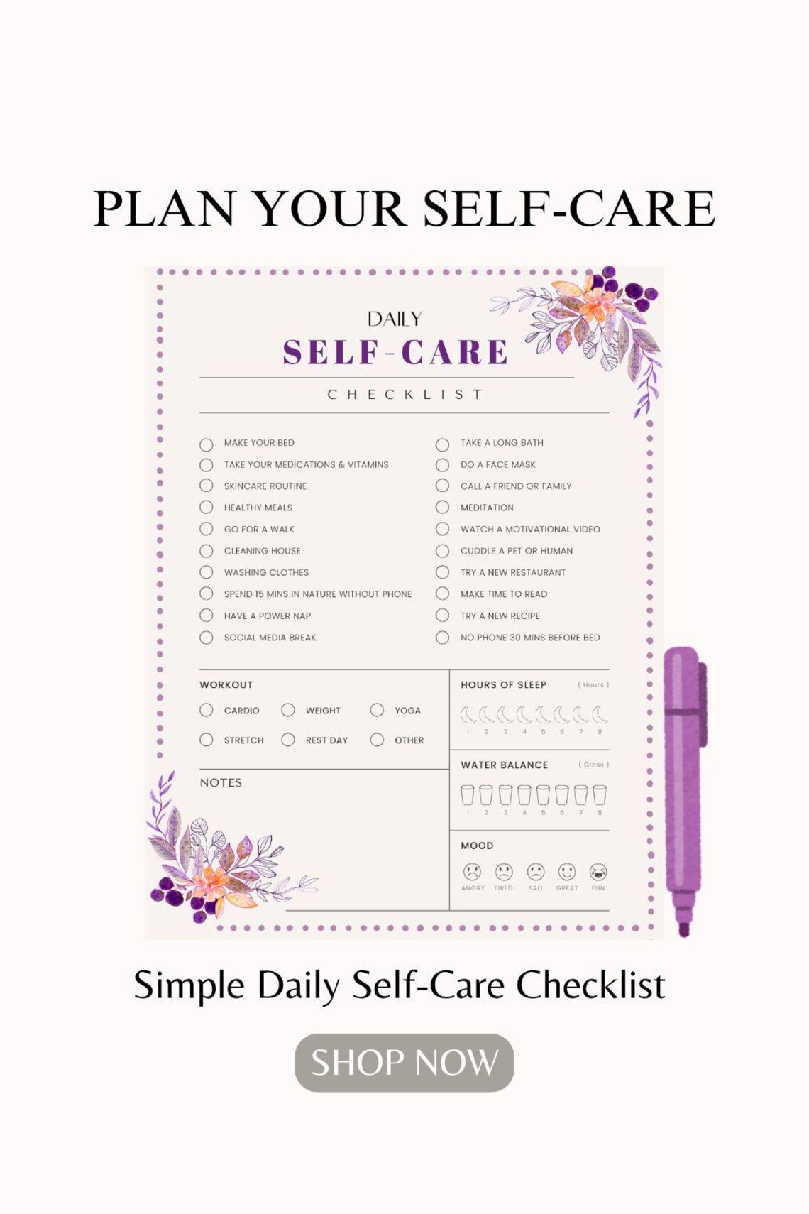 Self Care Checklist, Digital Self Care Planner, Mindfulness, Self Care ...