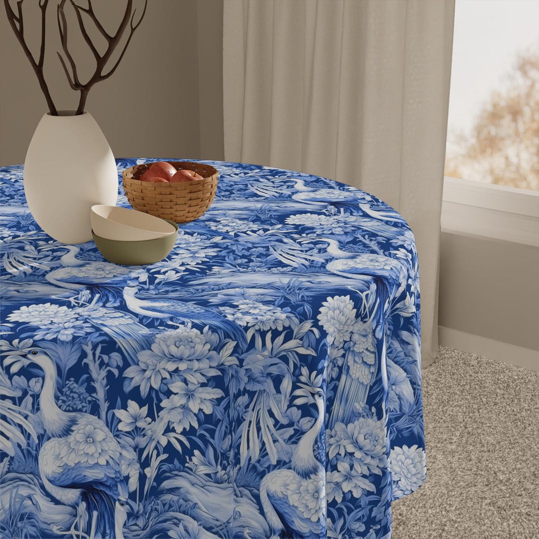 Toile Tablecloth, French Pastoral, Cranes, Romantic Floral, Chinoiserie ...