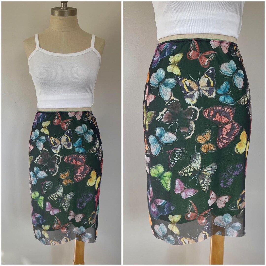 Printed Mesh Skirt, Multi Colored Butterfly Print, Lined Skirt, Black ...