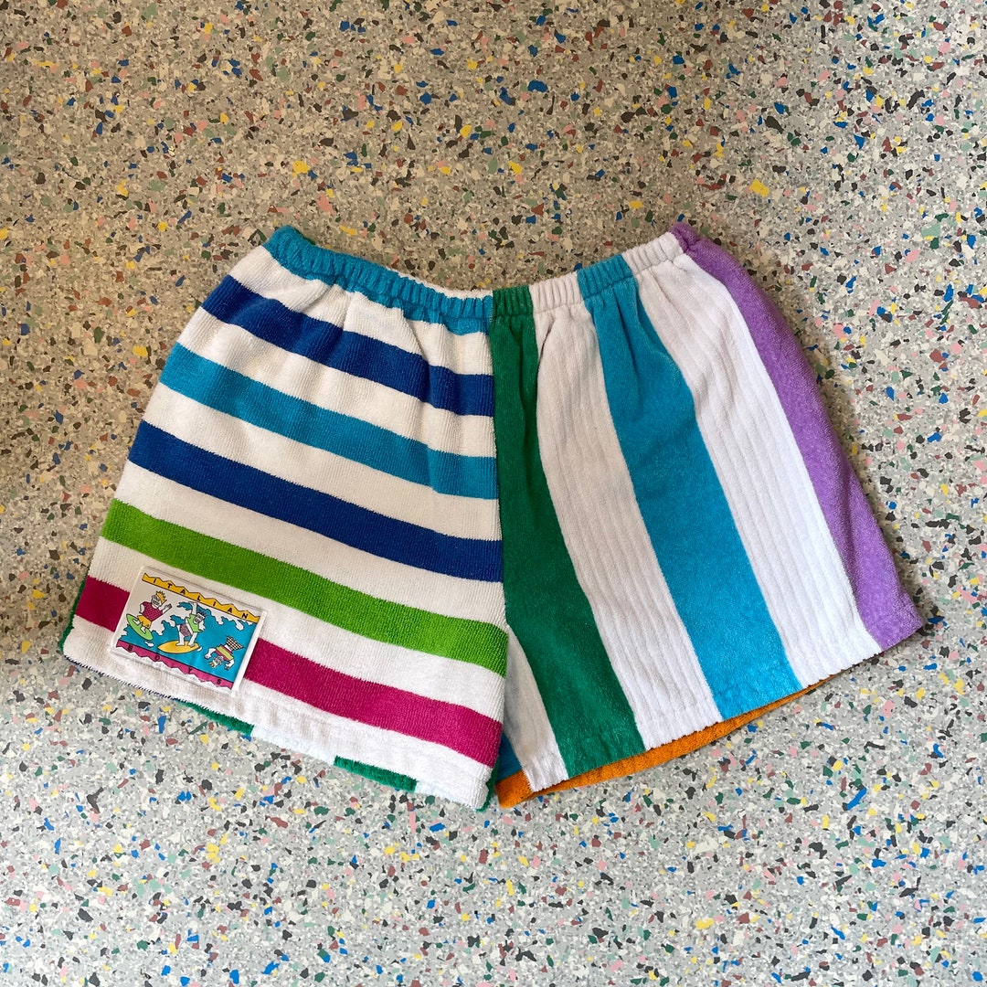Upcycled, Repurposed Terry Cloth Beach Towel, Shorts, Mixed Stripes ...