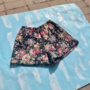 Upcycled, Repurposed Quilted Shorts, Pink, Black, Green, Rose, Floral ...