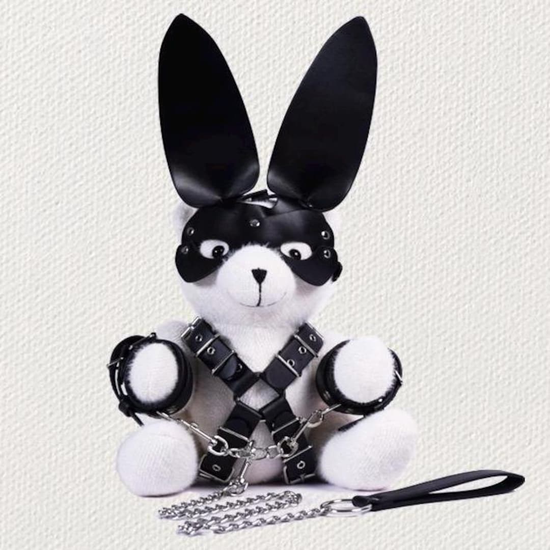 JUMBO Black Leather Stuffed Bear, BDSM Metal Leash Handcuffs Harness ...