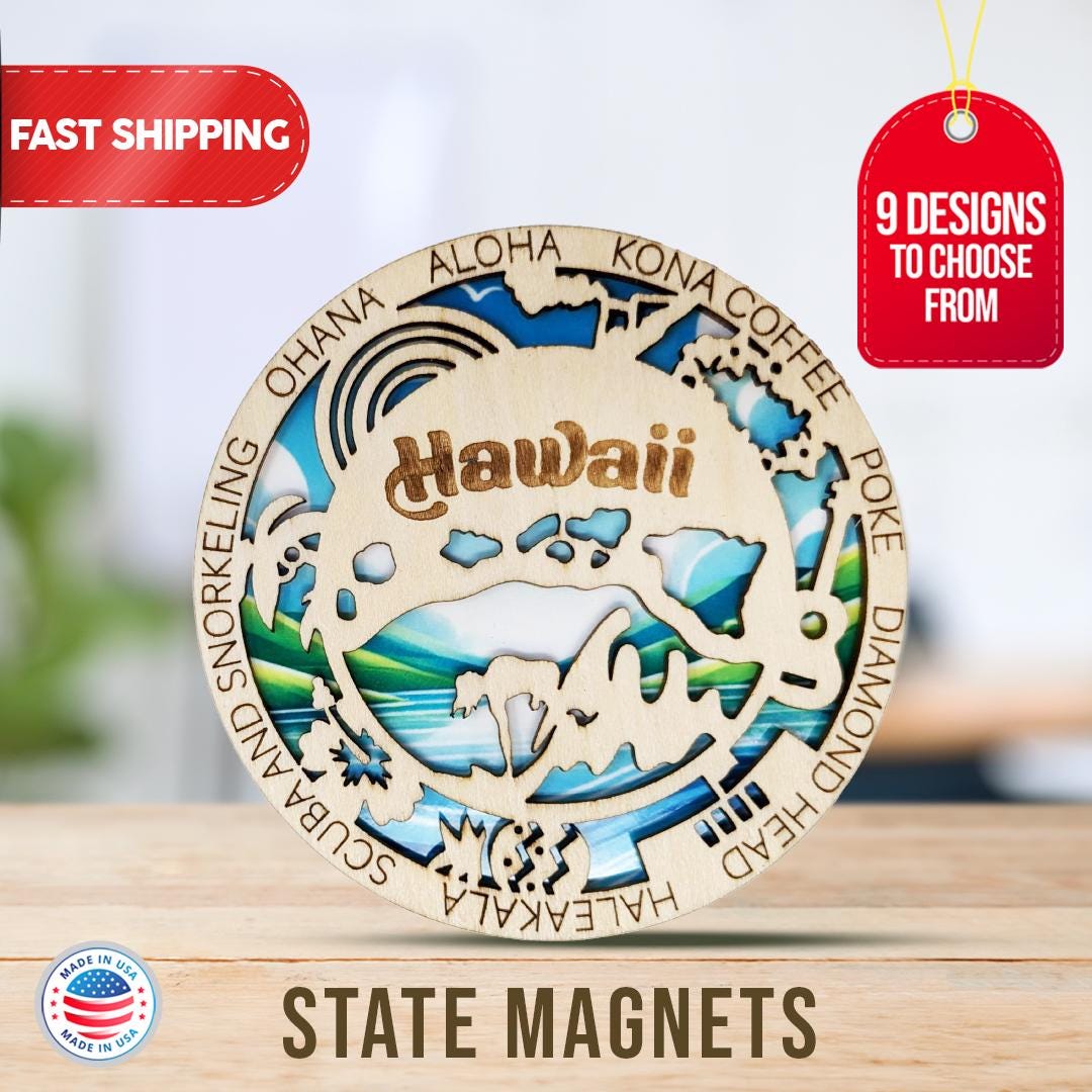 Hawaii State Fridge Magnet Bass Wood Engraved | Hawaii Souvenir Magnet ...