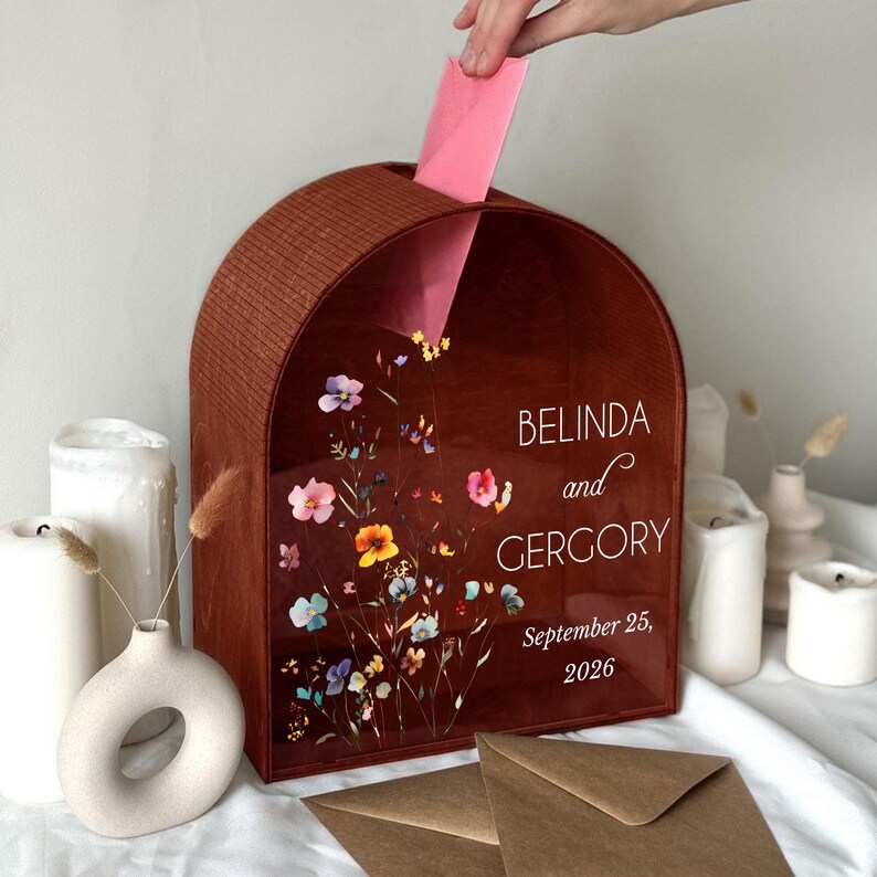 Personalized Wedding Card Box With Names & Date • Floral Arched Glass ...