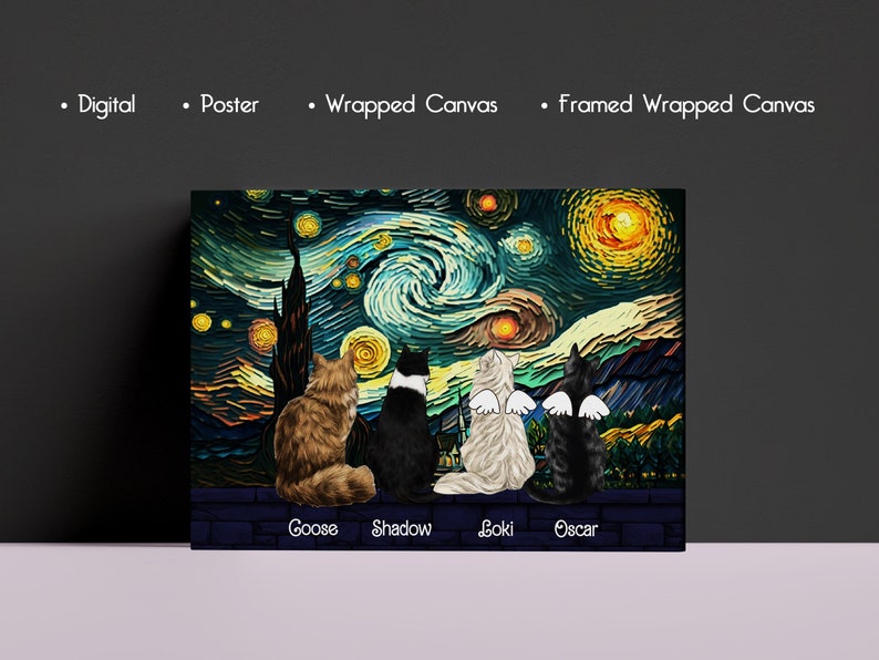Vincent Van Gogh Starry Night Cat Print Wall Art Poster Digital ...