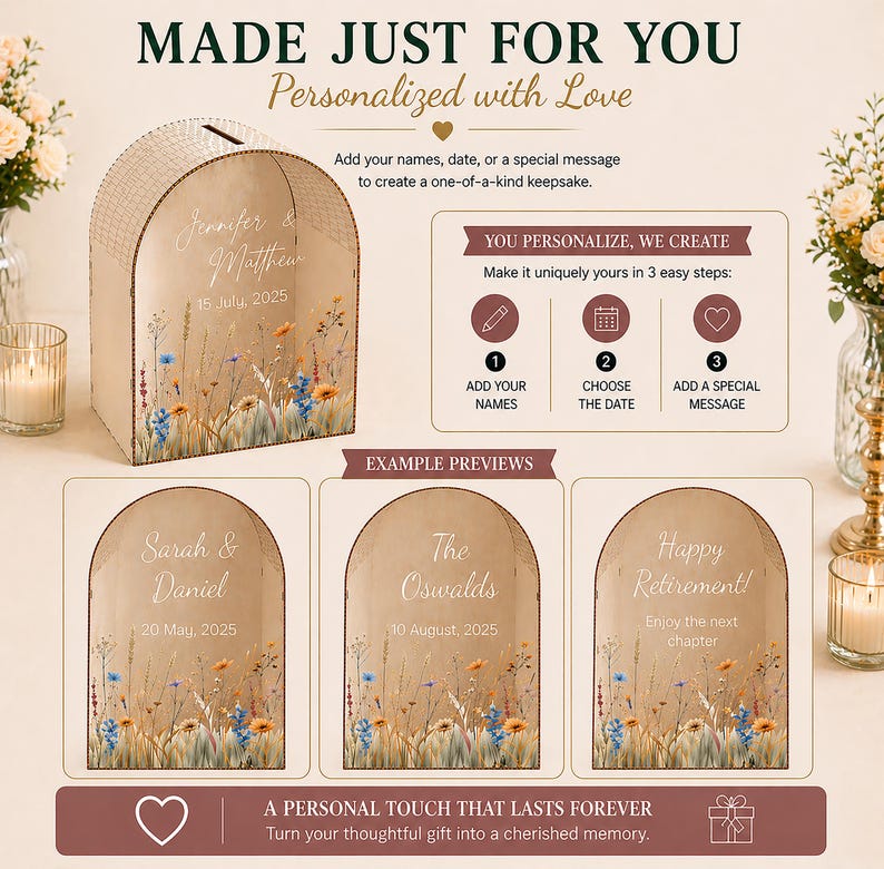 Boho Wedding Card Box • Neutral Wildflower Arched Box • Personalized ...