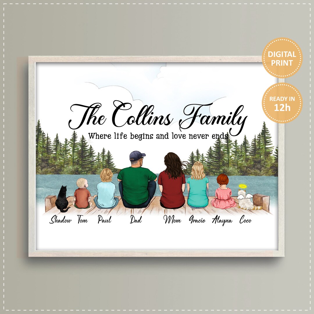 Custom Family Portrait With Cat Family With Kids Digital Download Cat ...