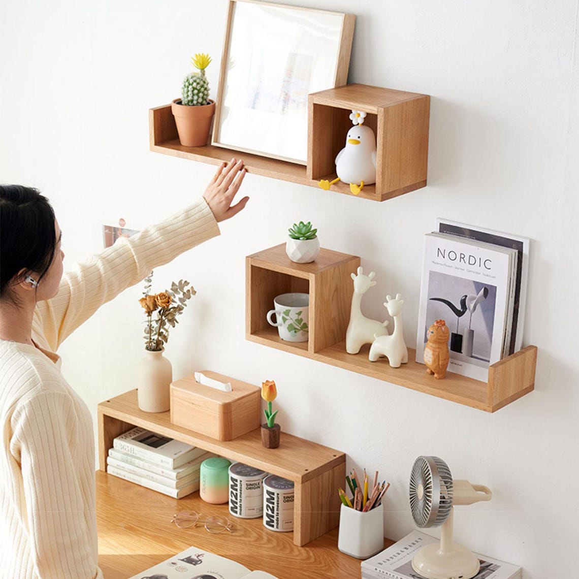Solid Wood Wall Mounted Bookshelf, Lattice Styled Shelves, Oak Wall ...