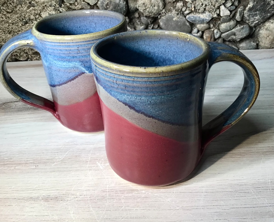 Set of 2 Handmade Stoneware Mugs--raspberry/twilight--handcrafted ...