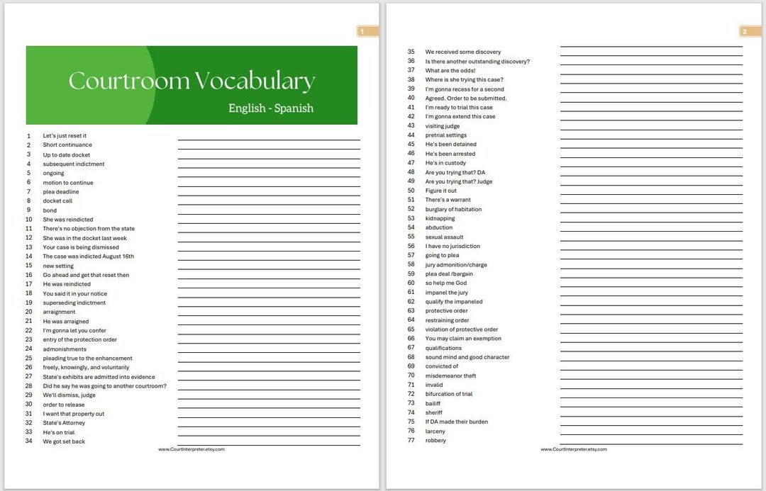 Court Vocabulary -english - Spanish - Printable PDF With Answer Key - Etsy