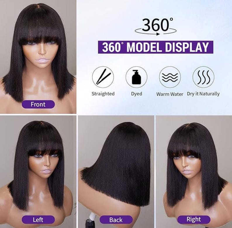 Fringe Bob Wig Human Hair With Bangs 4x4 Closure Wig HD Lace Glueless ...