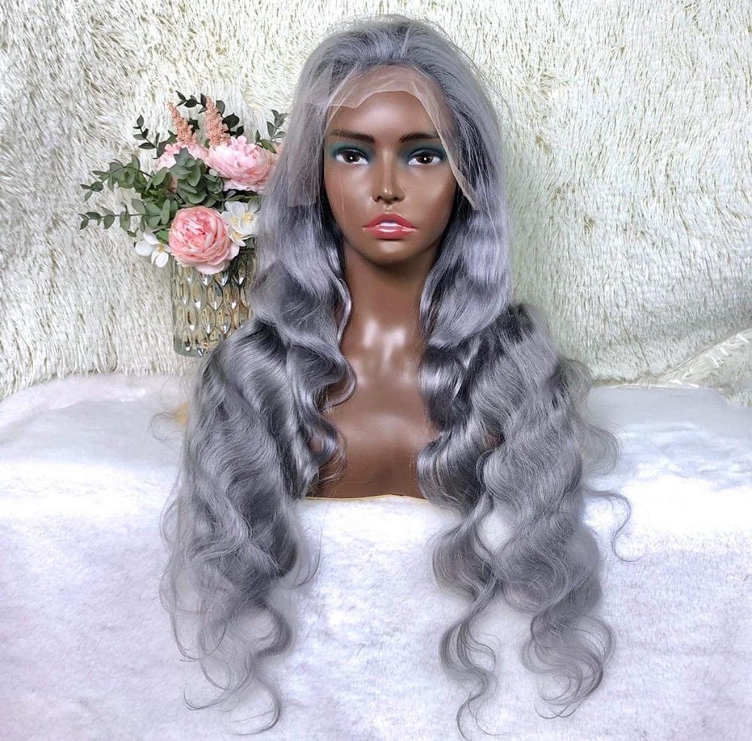 28inch Long Grey Frontal Human Hair Wig 13x4 Transparent Lace ...