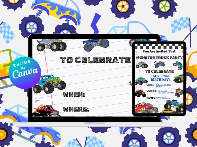 EDITABLE Monster Truck Party Invitation Template, Any Celebration, Boy ...