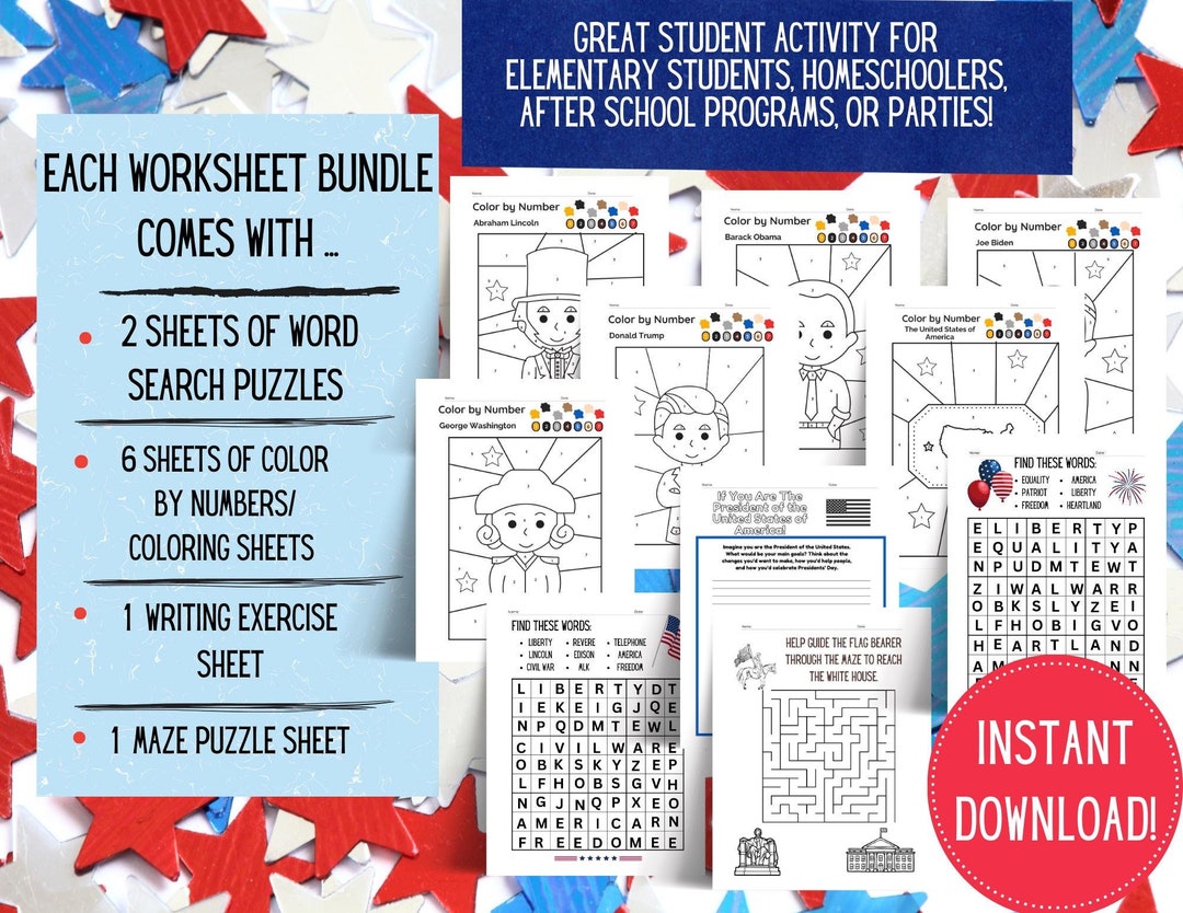 Patriotic American US Holidays Printable 10-page Worksheet Bundle Word ...
