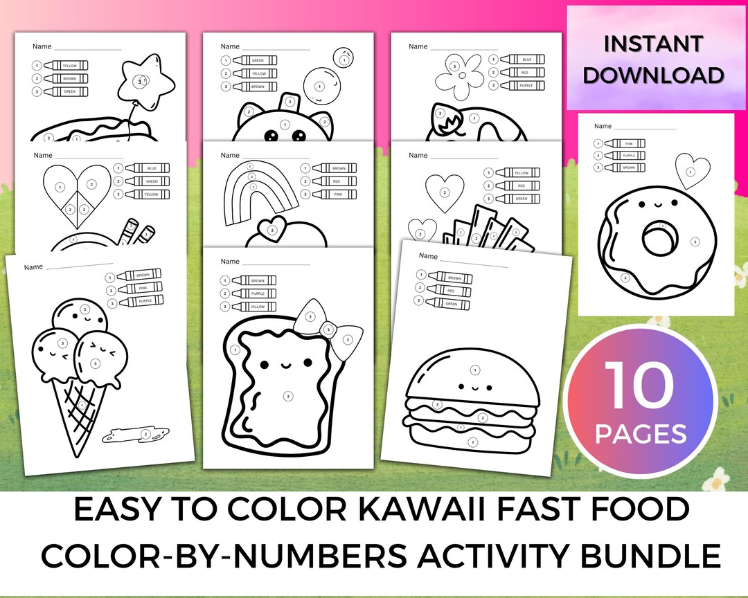 Printable Cute Drawings Kawaii Fast Food Easy Color by Numbers Coloring ...
