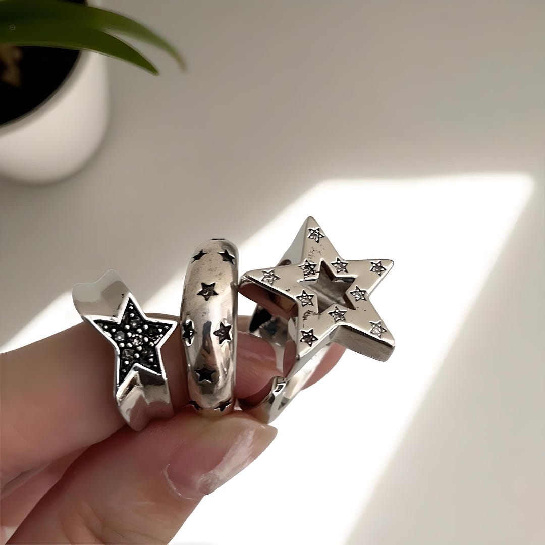 Y2K Star Ring Set Adjustable Silver Chunky Star Rings Celestial Gothic ...