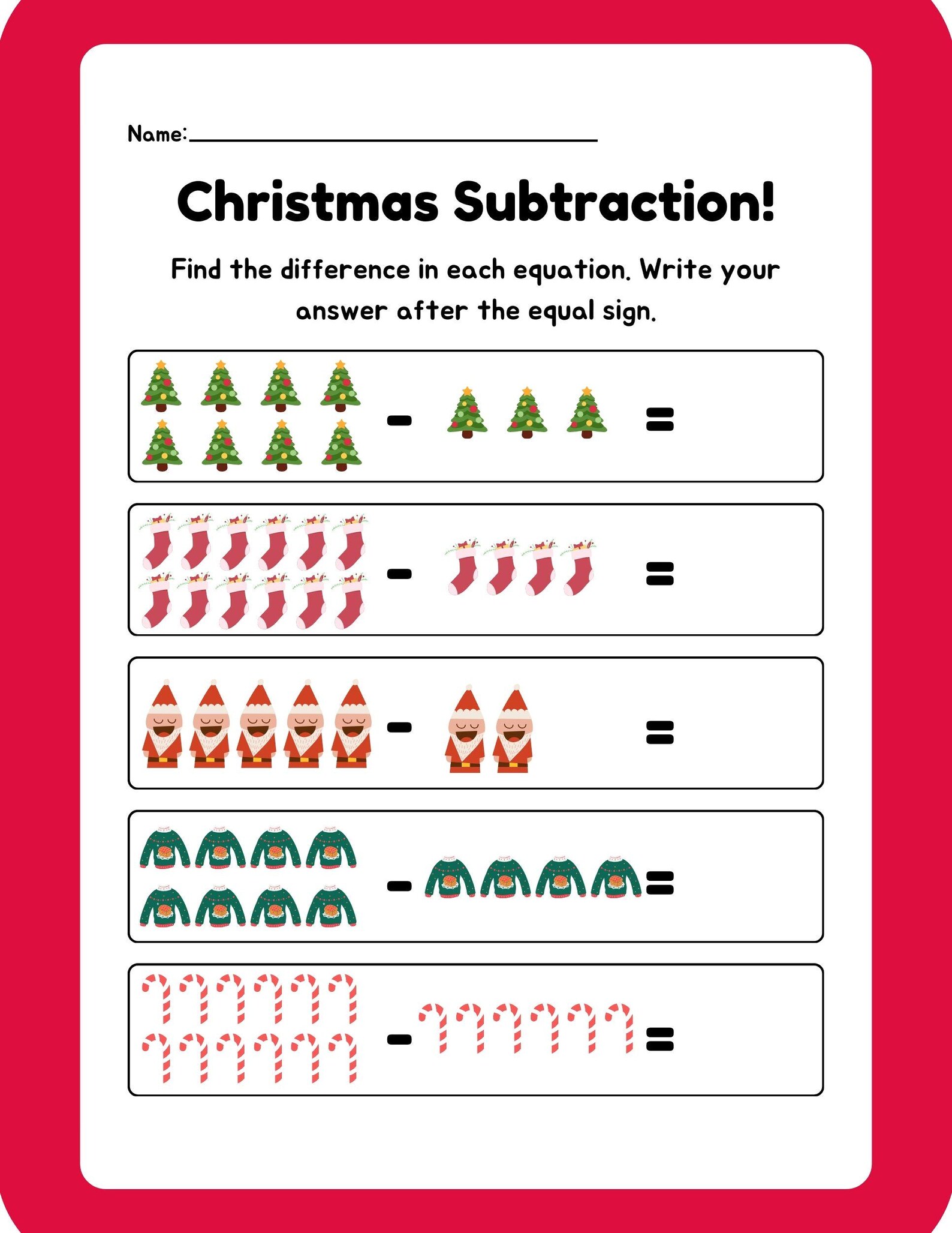 Printable Kindergarten Christmas Math Subtraction Worksheet | Holiday ...