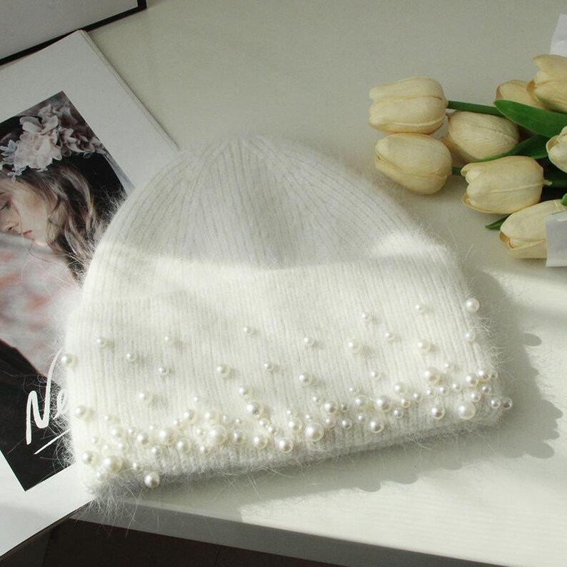 White Rabbit Fur Knitted Beanie Warm and Fashionable Winter Hat - Etsy