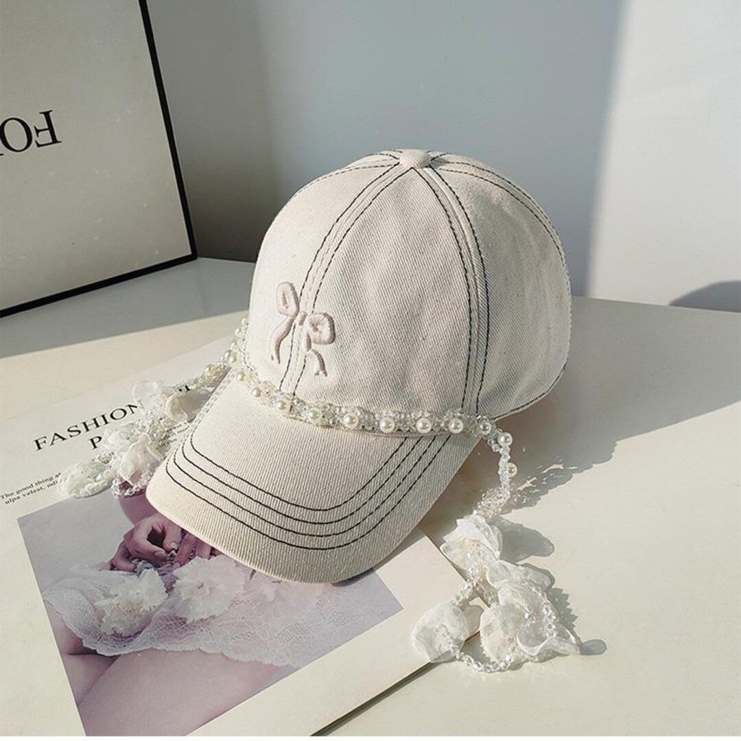 Elegant Pearl Bow Baseball Cap for Women Lace Tassel Sun Hat With ...