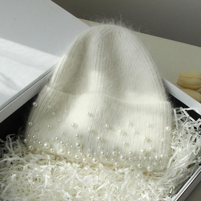 White Rabbit Fur Knitted Beanie Warm and Fashionable Winter Hat - Etsy