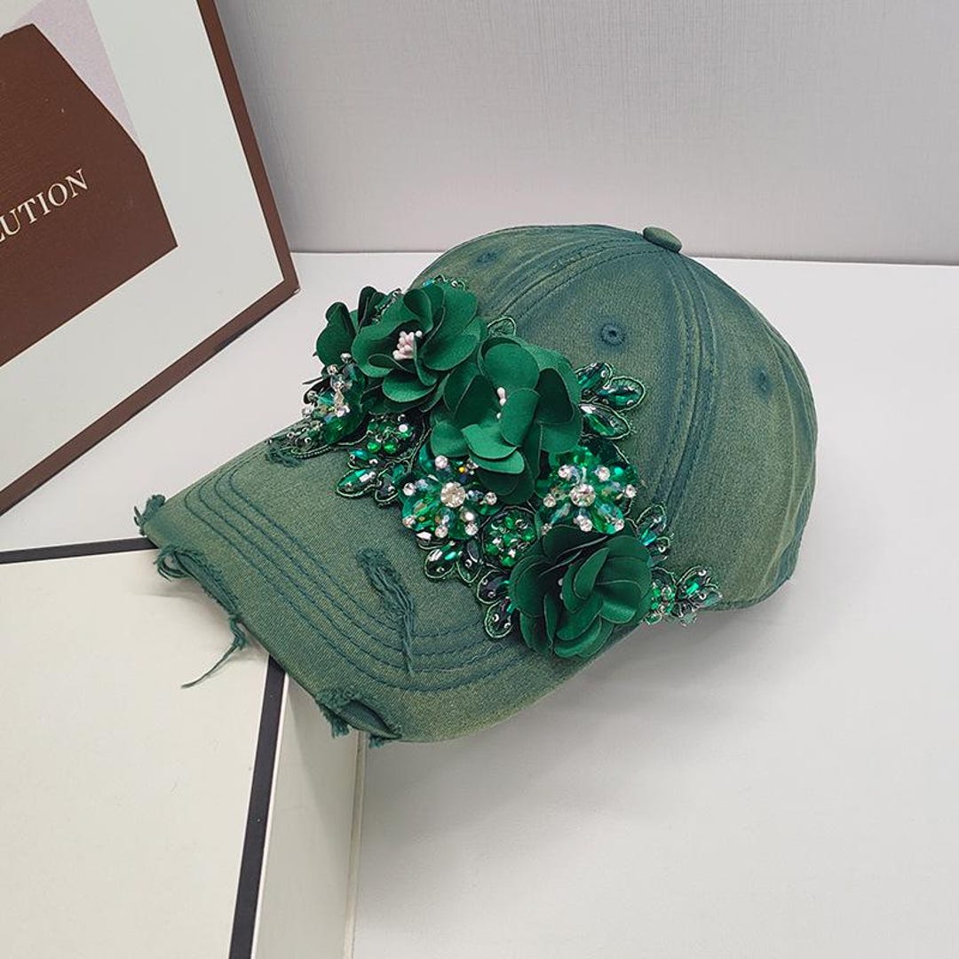 Emerald Green Floral Baseball Cap: Rhinestone Sequin Sun Hat - Etsy