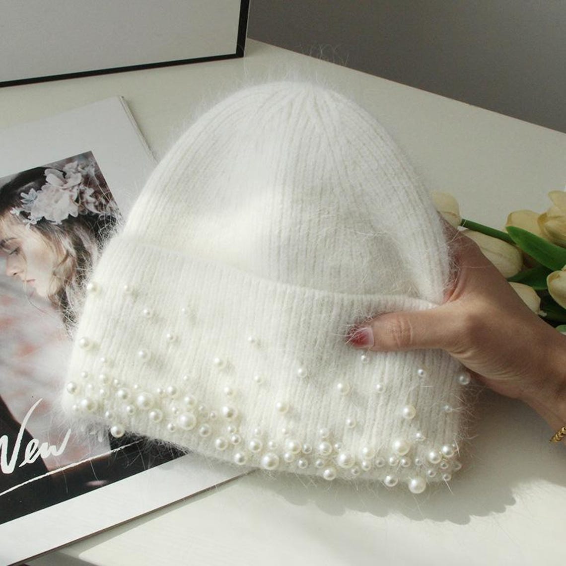 White Rabbit Fur Knitted Beanie Warm and Fashionable Winter Hat - Etsy