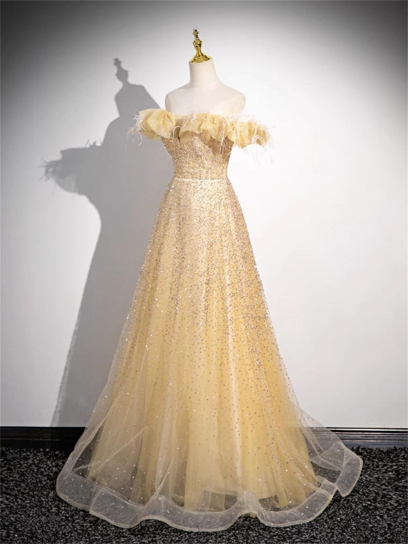 Gold Sequin Prom Dress Feather Off-the-shoulder Evening Gown Elegant ...