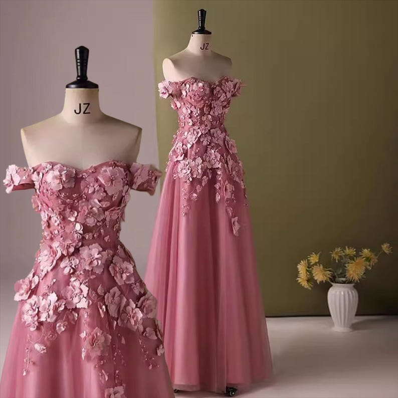3D Flower Rose Red Prom Dress Off-the-shoulder Gown Elegant Wedding ...