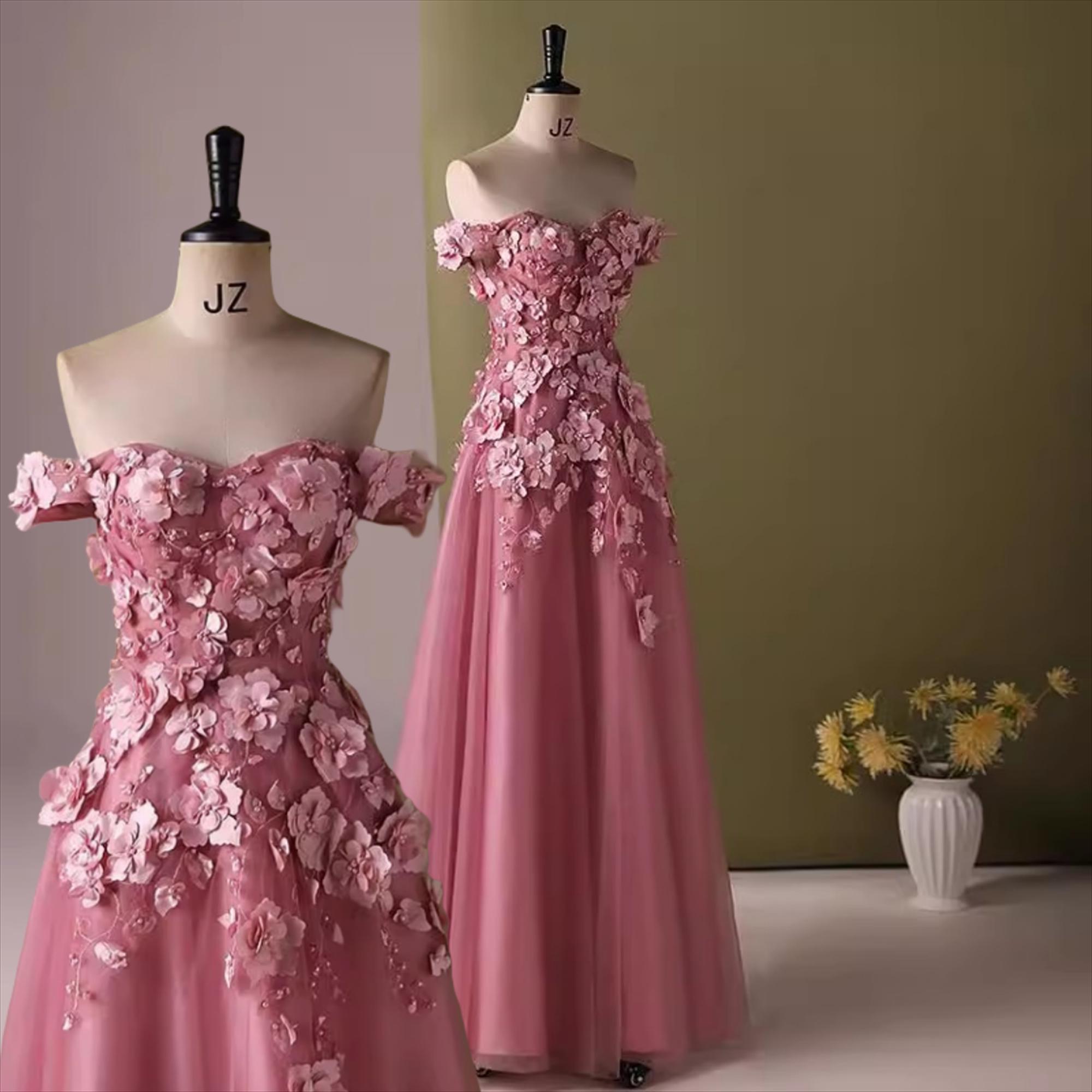 3D Flower Rose Red Prom Dress Off-the-shoulder Gown Elegant Wedding ...
