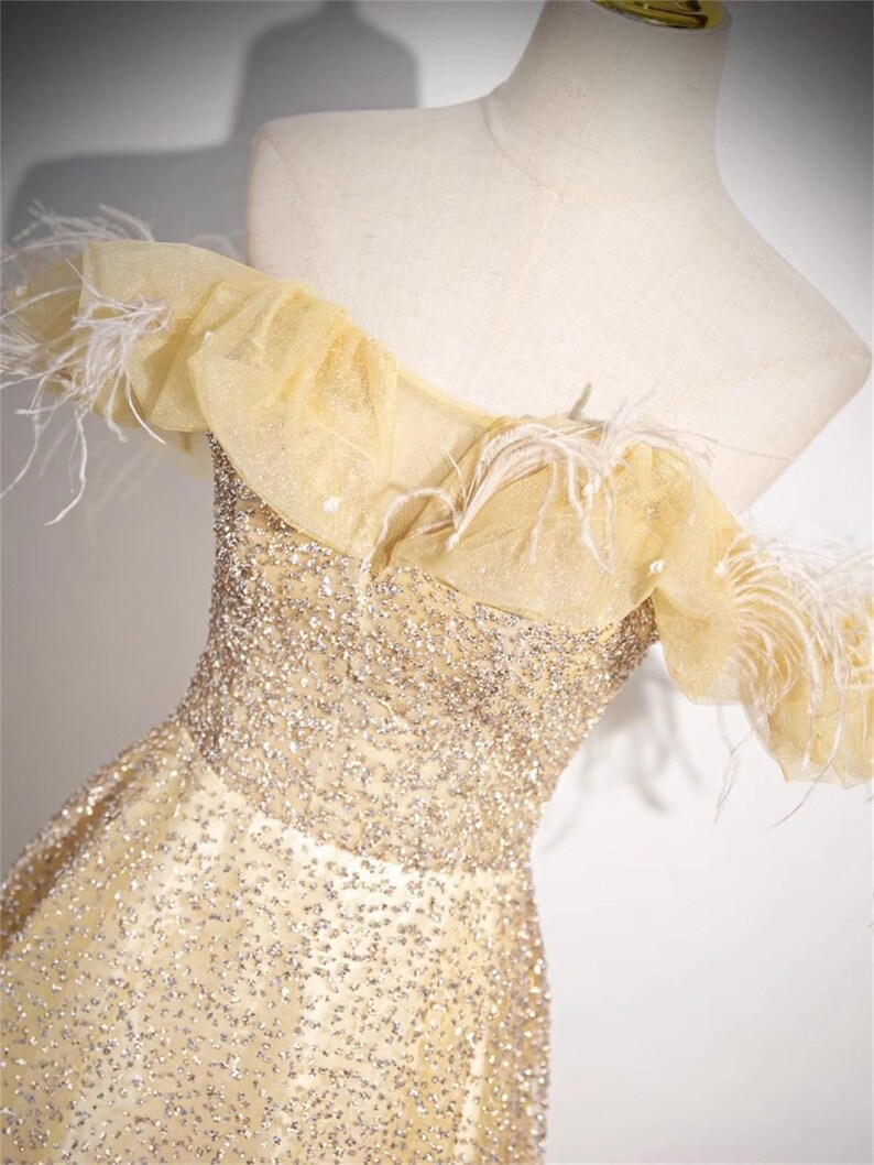 Gold Sequin Prom Dress Feather Off-the-shoulder Evening Gown Elegant ...
