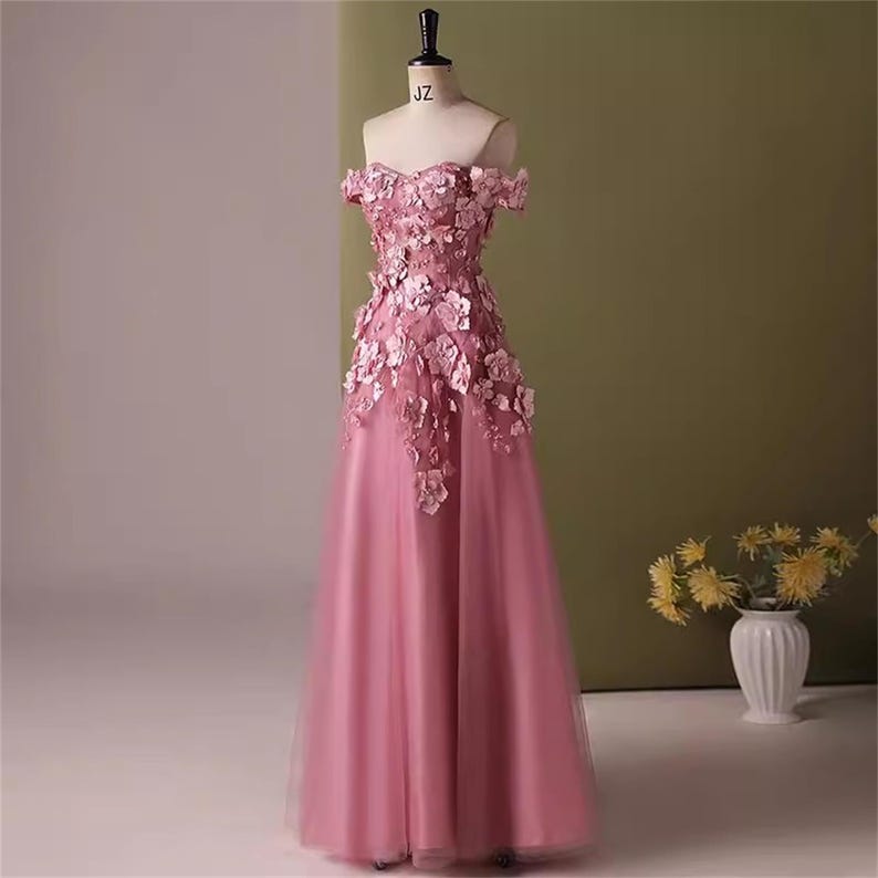 3D Flower Rose Red Prom Dress Off-the-shoulder Gown Elegant Wedding ...