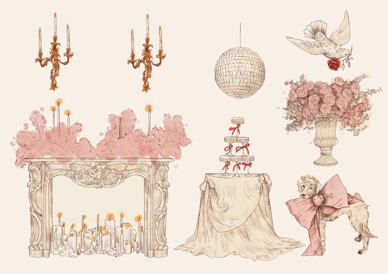 French Wedding Clipart Set | Red & Ivory Watercolor Wedding Graphics ...