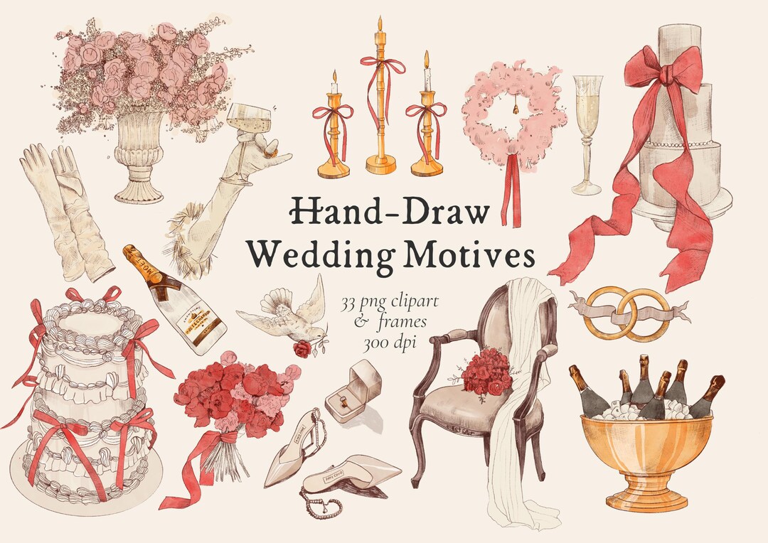 French Wedding Clipart Set | Red & Ivory Watercolor Wedding Graphics ...